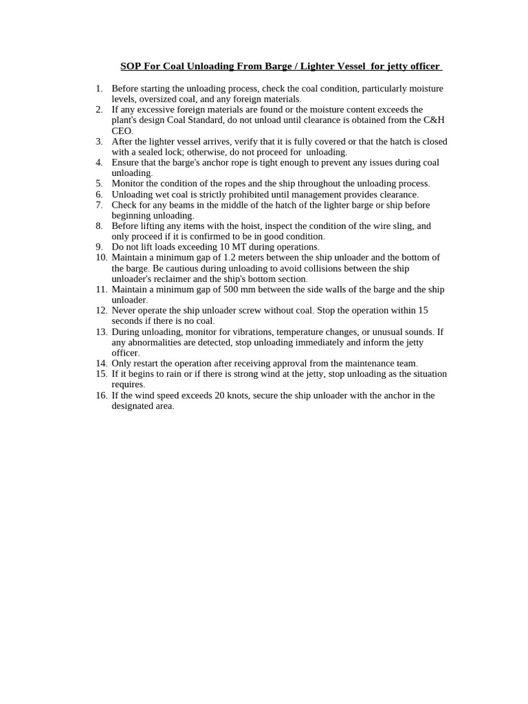 Sop of Lighter Vessel Unloading For Jetty Operator | PDF