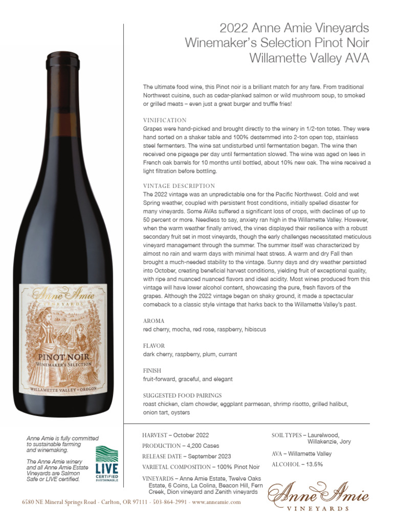 2022 Anne Amie Pinot Noir Overview | PDF | Winemaking | Wine