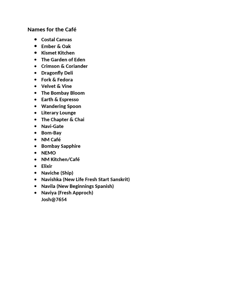 Names For The Café | PDF