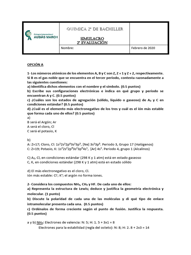 sol_Simulacro 2ª evaluación_2020_sol | PDF | Equilibrio químico | Enlace químico