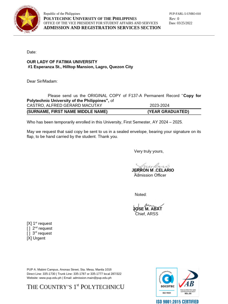 PUP Request Letter For FORM 137-A | PDF