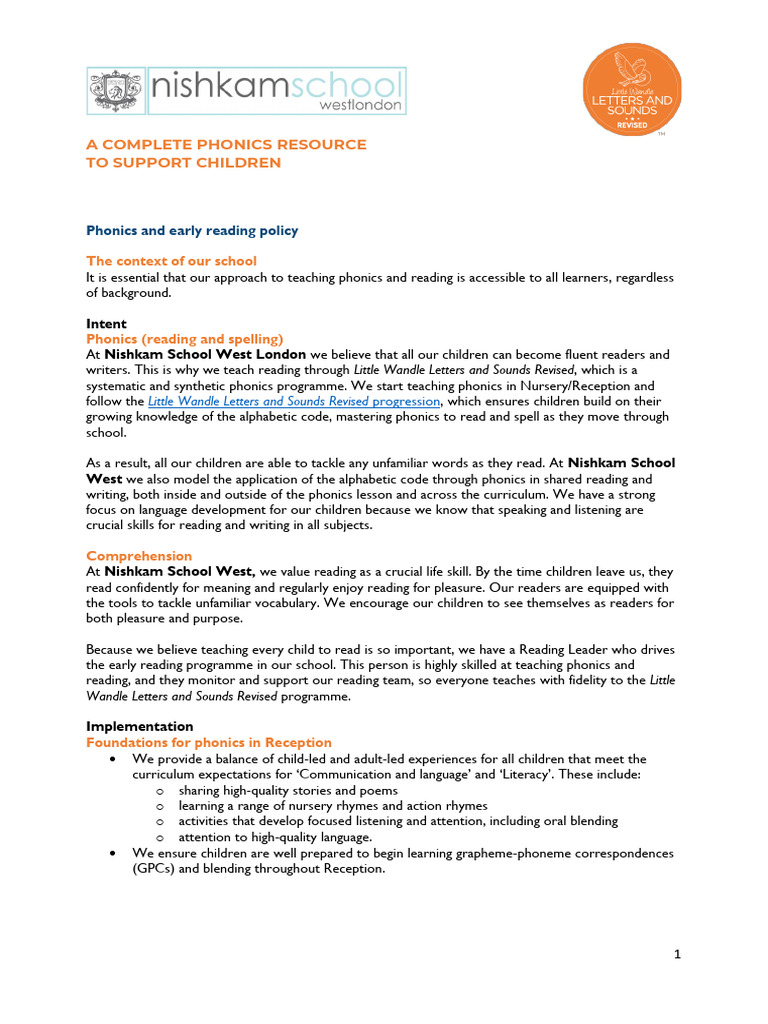 Letters and Sounds Phonics and Early Reading Policy NSWL.273668461. ...