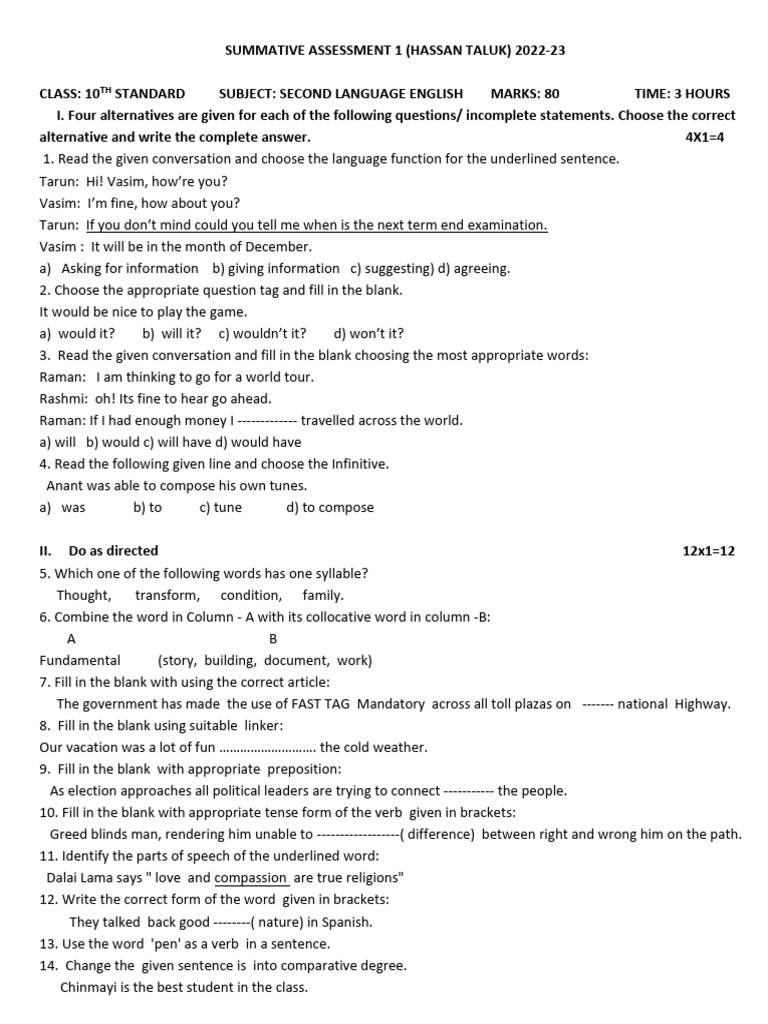 SA1 ENGLISH 2022-23 | PDF | Verb | Linguistics