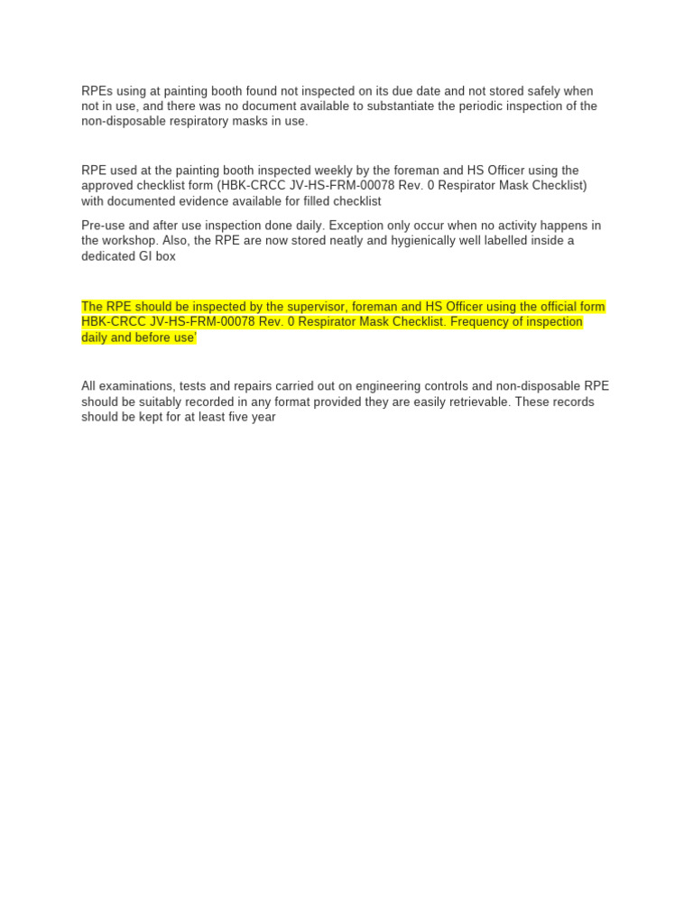 RPE Inspection and Storage Compliance | PDF