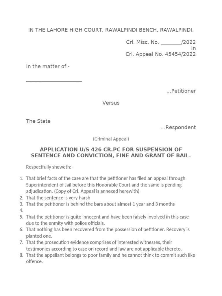 426 CR - PC Application For Suspension of Sentence Format | PDF | Bail ...