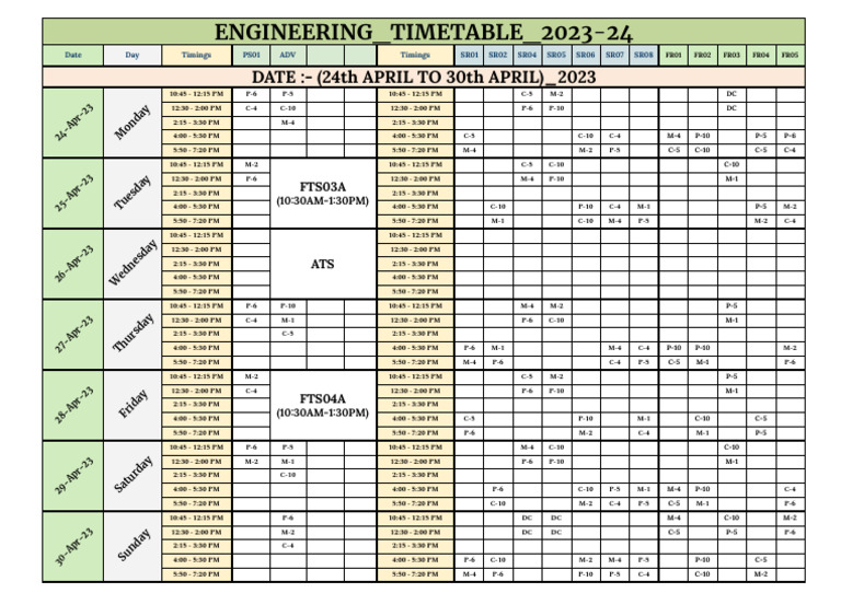 Engineering Time Table 24th April to 30th April-2023 | PDF