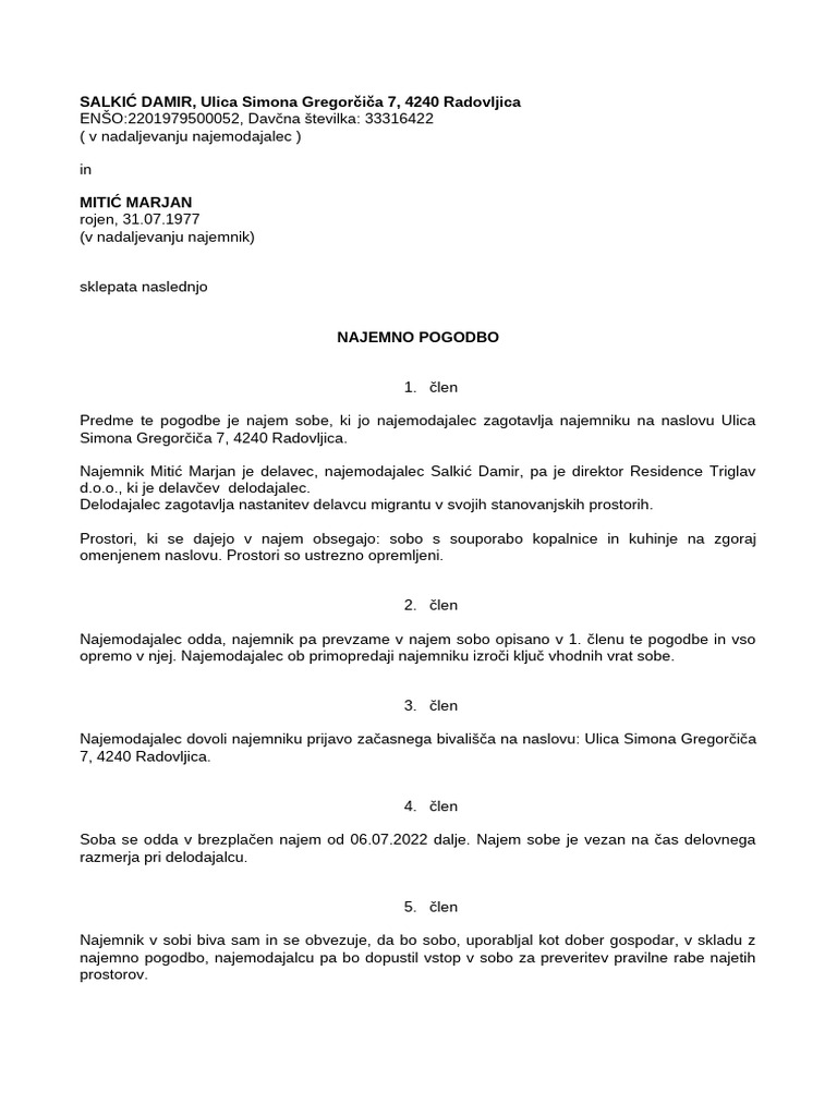 najemna pogodba Marjan | PDF
