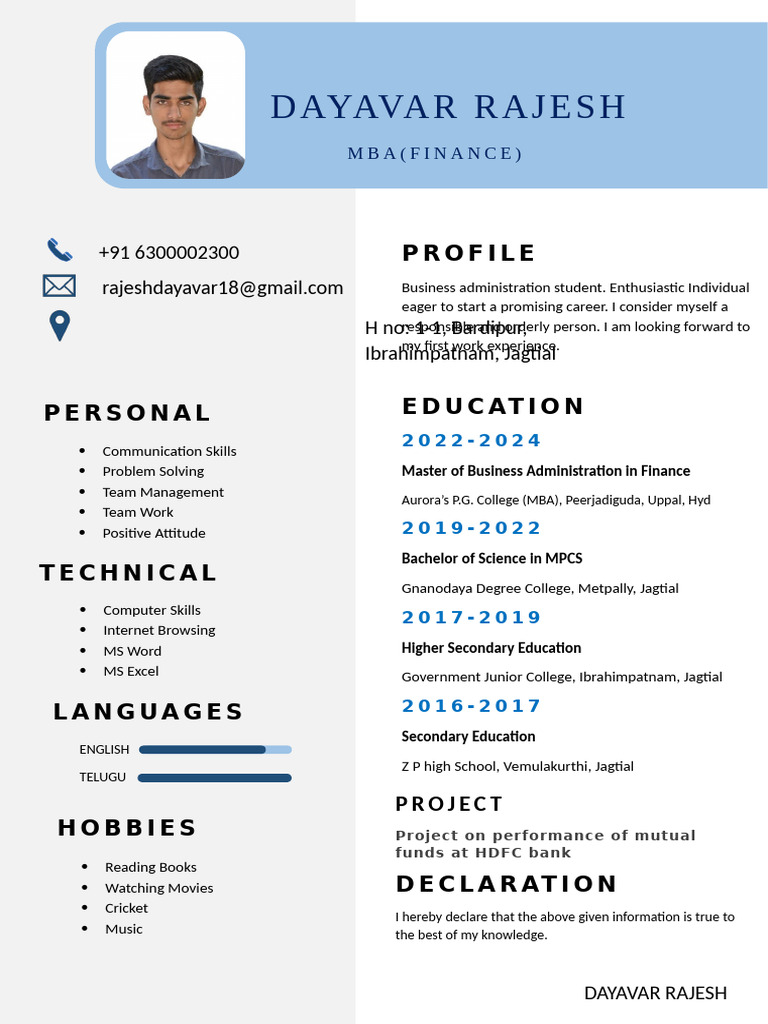 MBA Finance Student Resume Summary | PDF