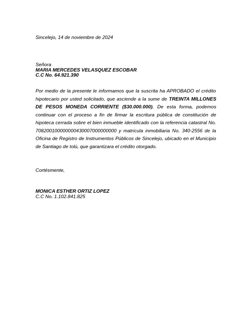 Carta Cupo Credito | PDF