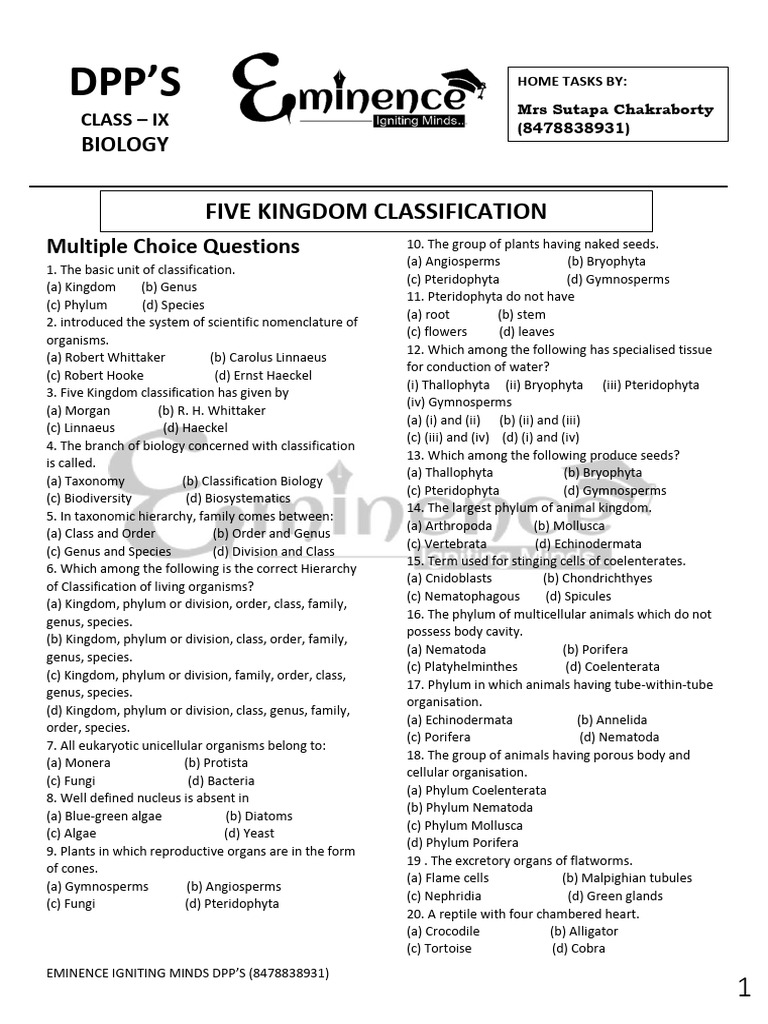 Five Kingdom Classification Q | PDF | Invertebrate | Taxonomy (Biology)