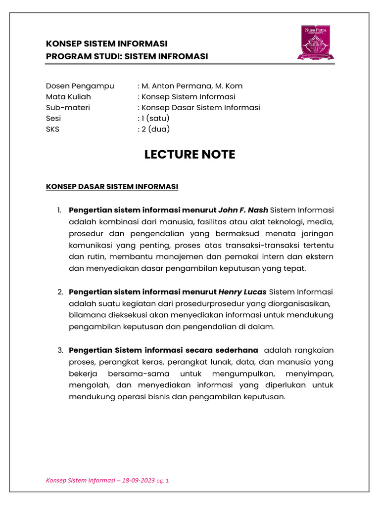 Lecture Note - Konsep Sistem Informasi | PDF