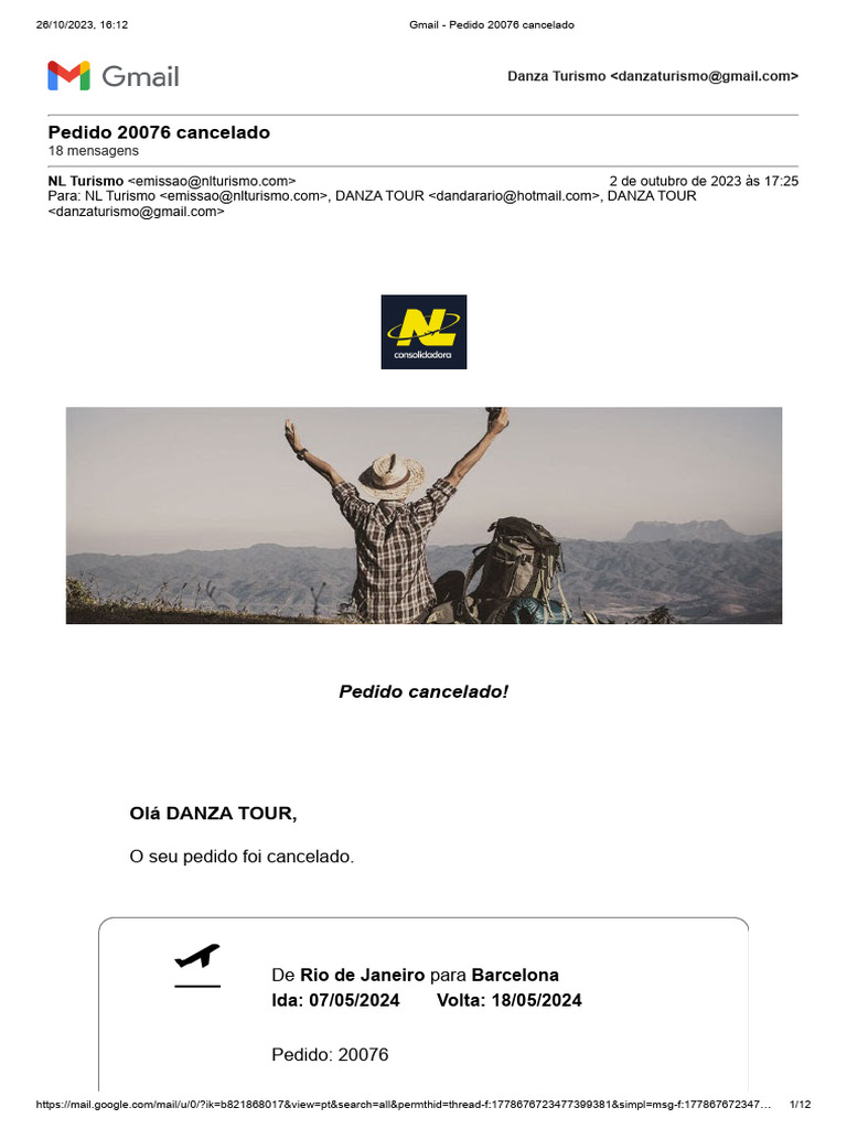 Pedido 20076 Cancelado Daniela Gmail | PDF | Turismo | Gmail