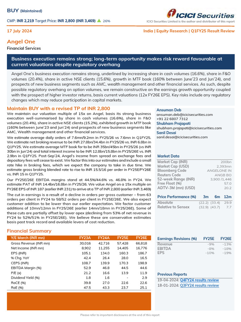 ICICI Securities Angel One Q1 FY25 Results Review | PDF | Loans | Expense