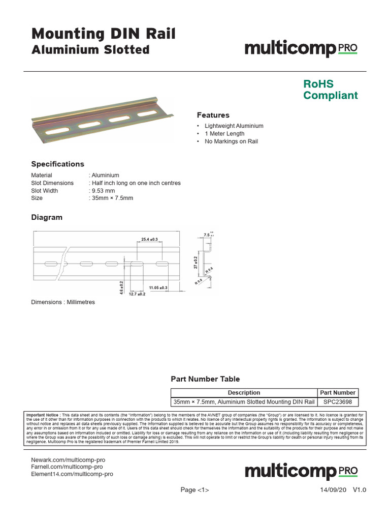 E.2.03 Multicomp-Pro, Mounting Din Rail, SPC23698, Aluminium Slotted | PDF