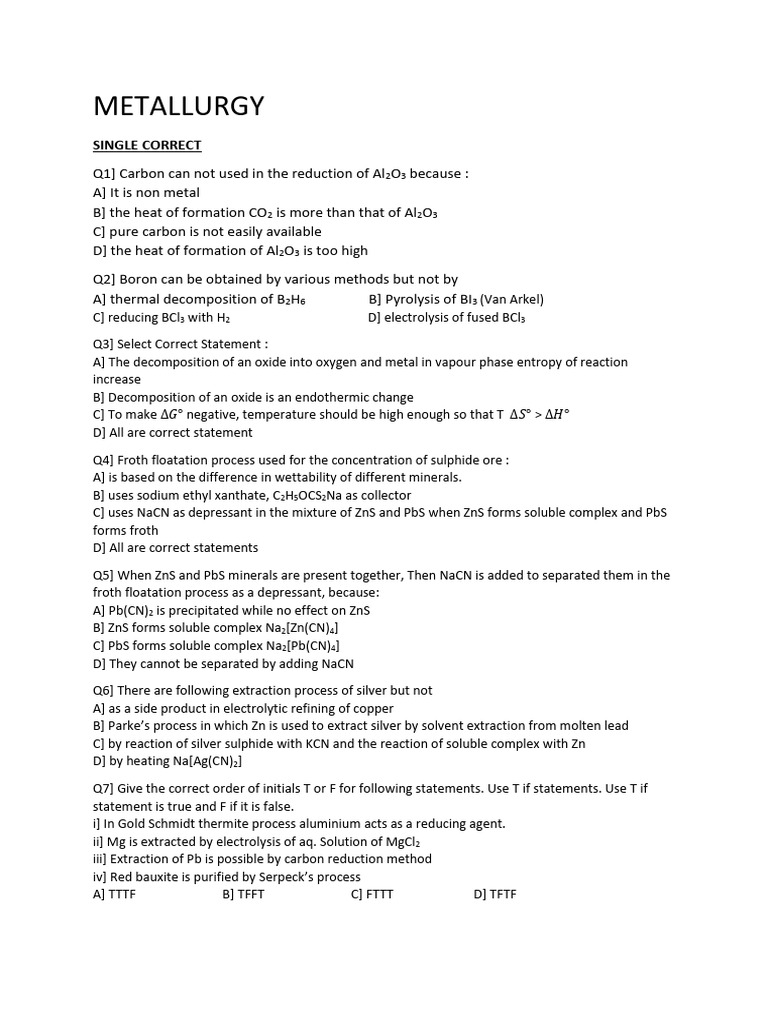 Metallurgy Exam Questions and Answers | PDF | Chemical Substances ...