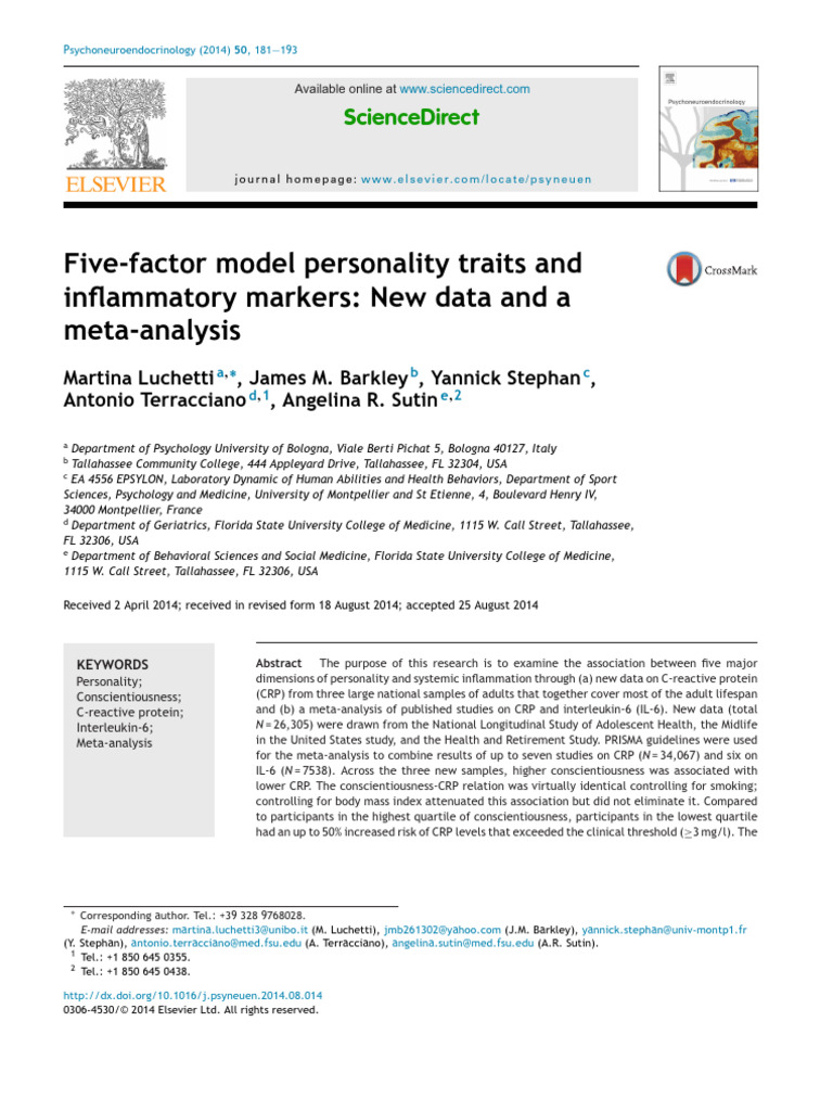 Luchetti Et Al. - 2014 - Five-Factor Model Personality Traits and Inflammat | PDF | Regression ...