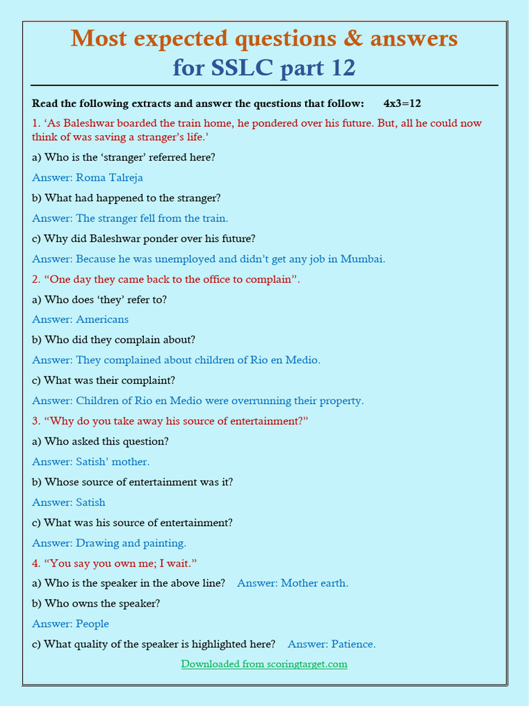 Most Expected Questions and Answers For SSLC Part 12 | PDF
