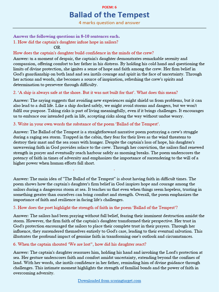 Ballad of The Tempest 4 Marks Question and Answer - Compressed | PDF ...