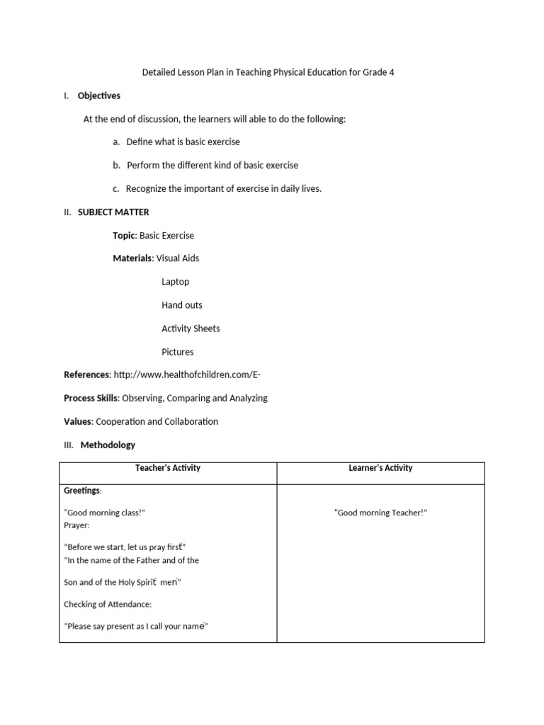 Grade 4 Physical Education Lesson Plan | PDF | Physical Fitness