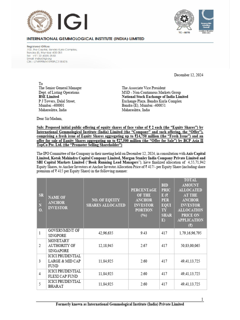 IGI Anchor Intimation | PDF | Mutual Funds | Stocks
