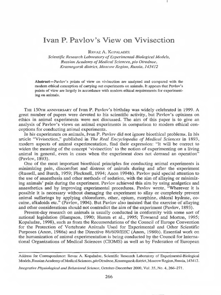 Kopaladze, R.A. (2000) - Ivan Pavlov's View On Vivisection. Integrative ...