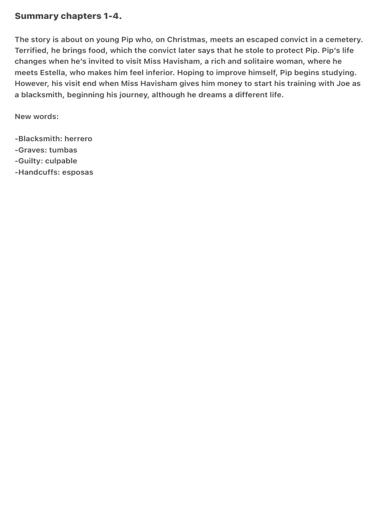 Pip's Journey: Summary of Chapters 1-4 | PDF
