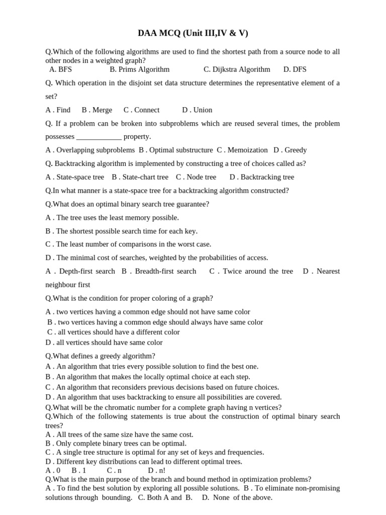 DAA_MCQ_Unit(III,IV&V) | PDF | Computational Problems | Algorithms DAA_MCQ_Unit(III,IV&V) | PDF | Computational Problems | Algorithms