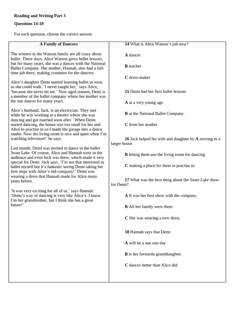 K - Reading PART 3 - Multiple Choice I Comp. | PDF | Ballet | Dances