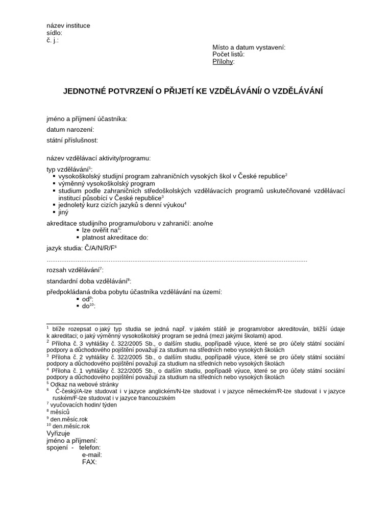 Jednotne Potvrzeni o Prijeti Ke Studiu - Ucel-Ostatni | PDF