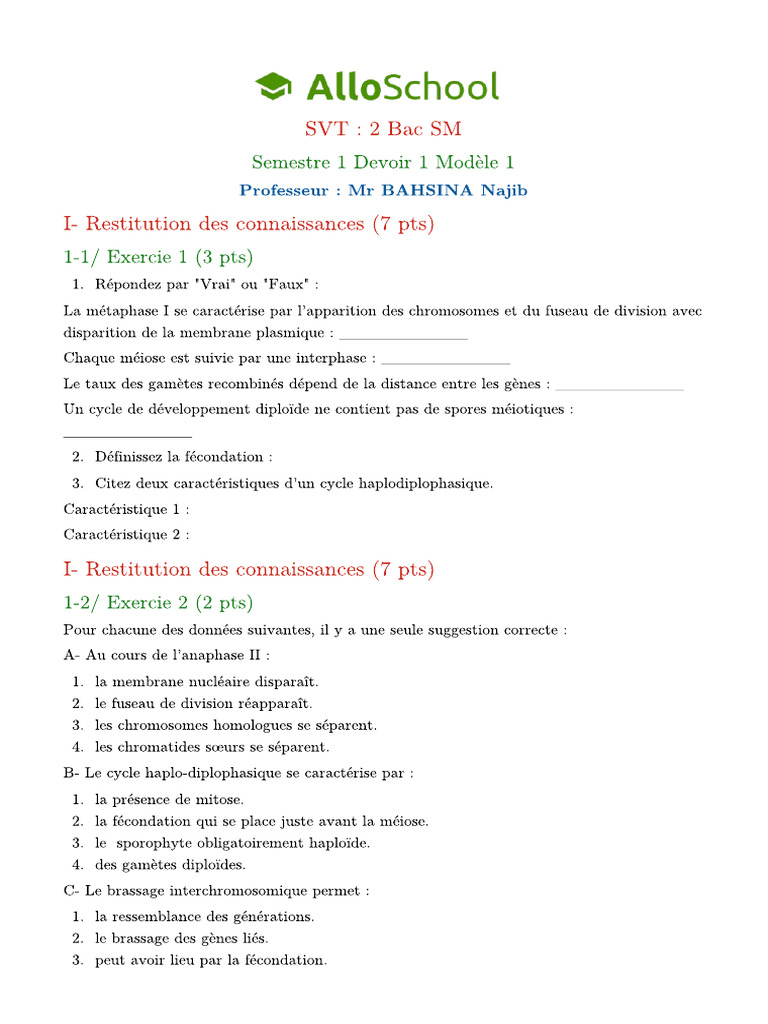 SVT 2bac SM Semestre 1 Devoir 1 Modele 1 1 | PDF