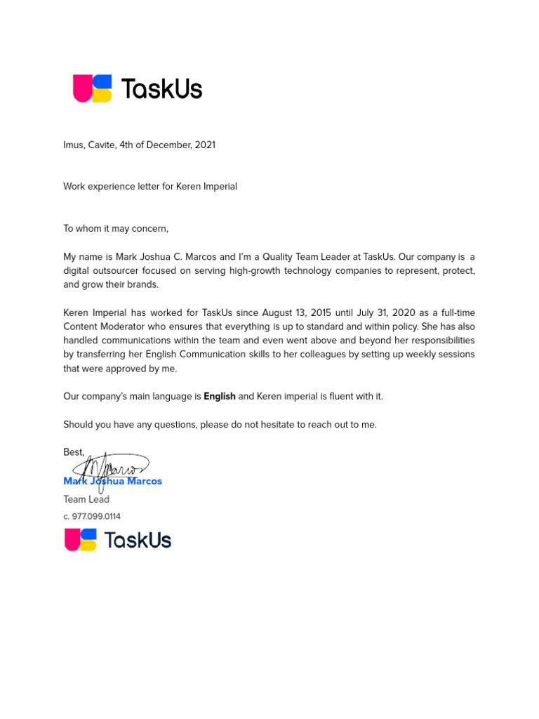 Work Experience Letter | PDF
