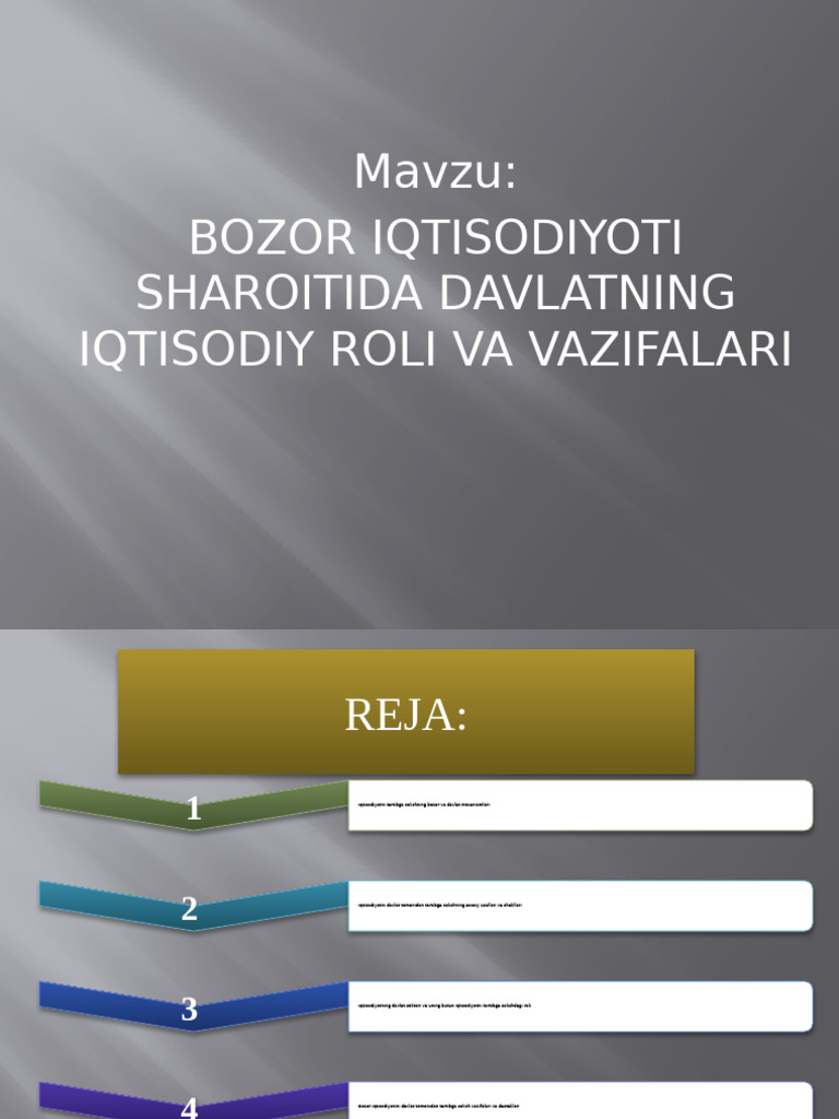 Portal - Guldu.uz-Bozor Iqtisodiyoti Sharoitida Davlatning Iqtisodiy Roli Va Vazifalari | PDF