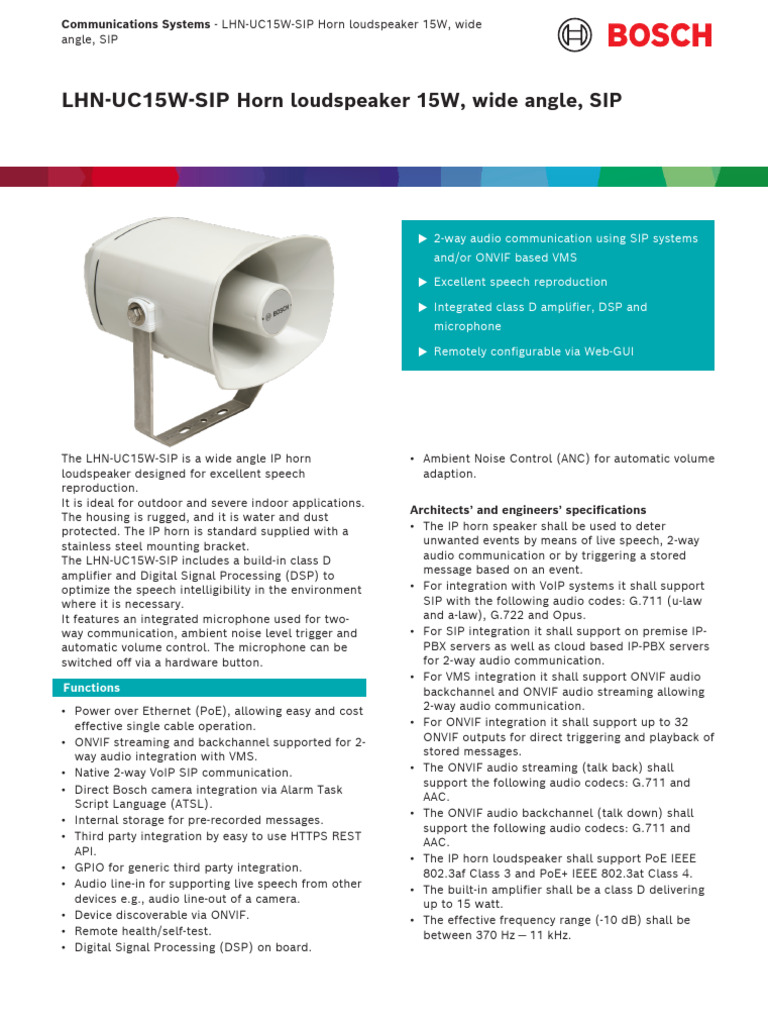 Bosch LHN-UC15W-SIP Horn Loudspeaker | PDF | Loudspeaker | Session ...