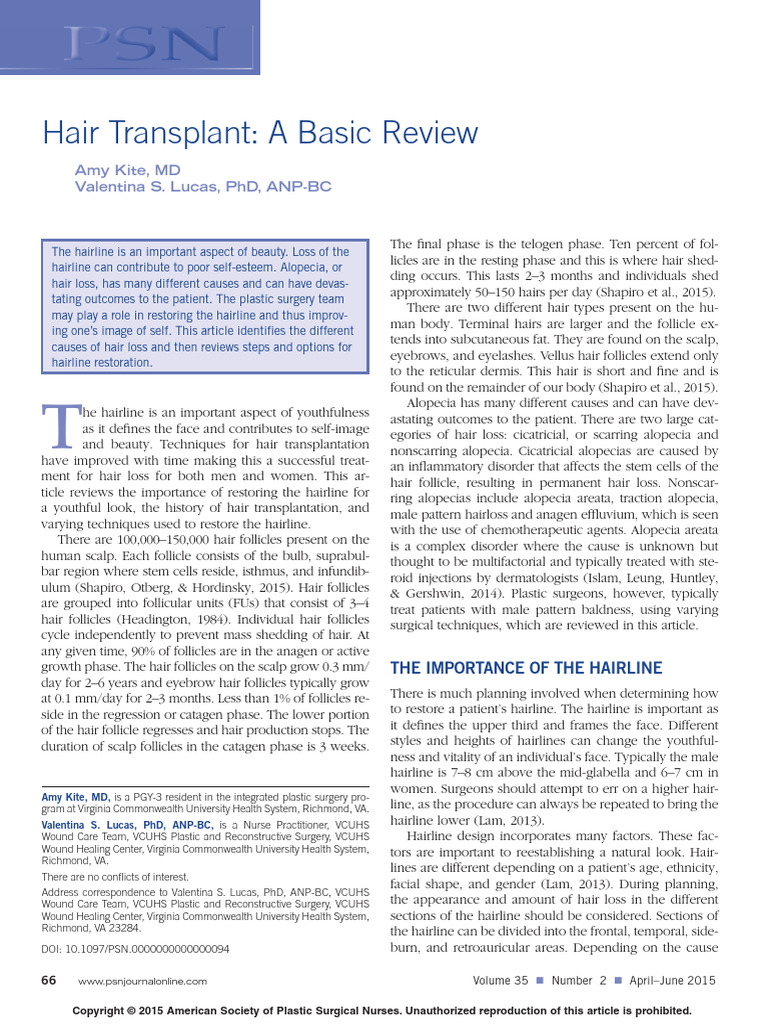(Plastic Surgical Nursing Vol. 35 Iss. 2) Kite, Amy - Lucas, Valentina S. - Hair Transplant ...