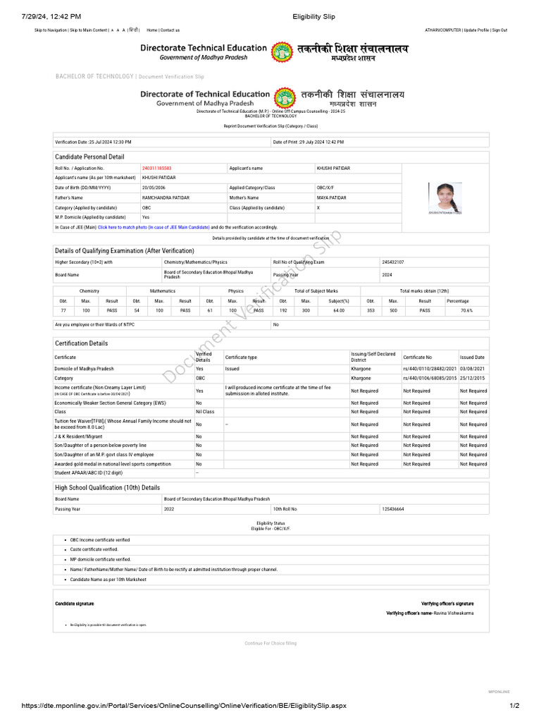 Eligibility SlipKHUSHI PATIDAR | PDF | Qualifications