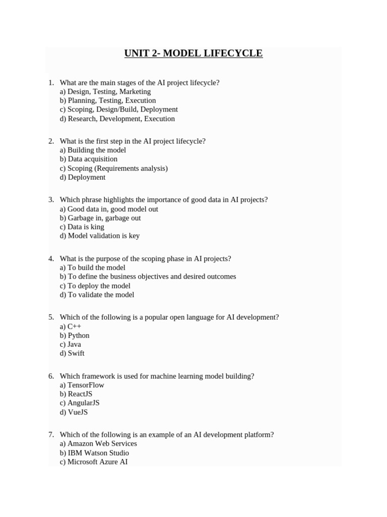 Unit 2 - AI Model Lifecycle-Practice Questions | PDF | Artificial Intelligence | Intelligence ...