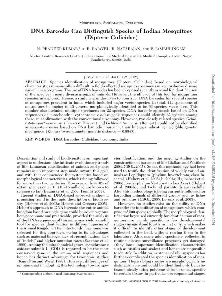 DNA Barcodes Can Distinguish Species of Indian Mosquitoes (Diptera ...