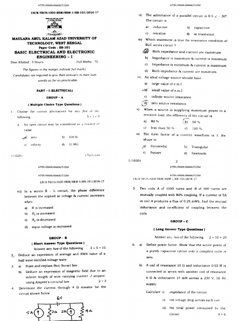 Btech Es 101 Basic Electrical and Electronics Engineering 1 2017 | PDF