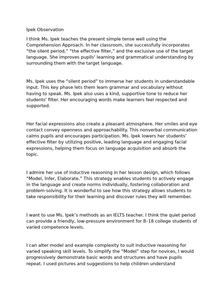 Teacher Observation - Ipek - Capstone 1 | PDF | Learning | Reading Comprehension