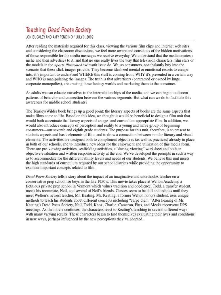 Dead Poets Society Buckley Worksheet | PDF