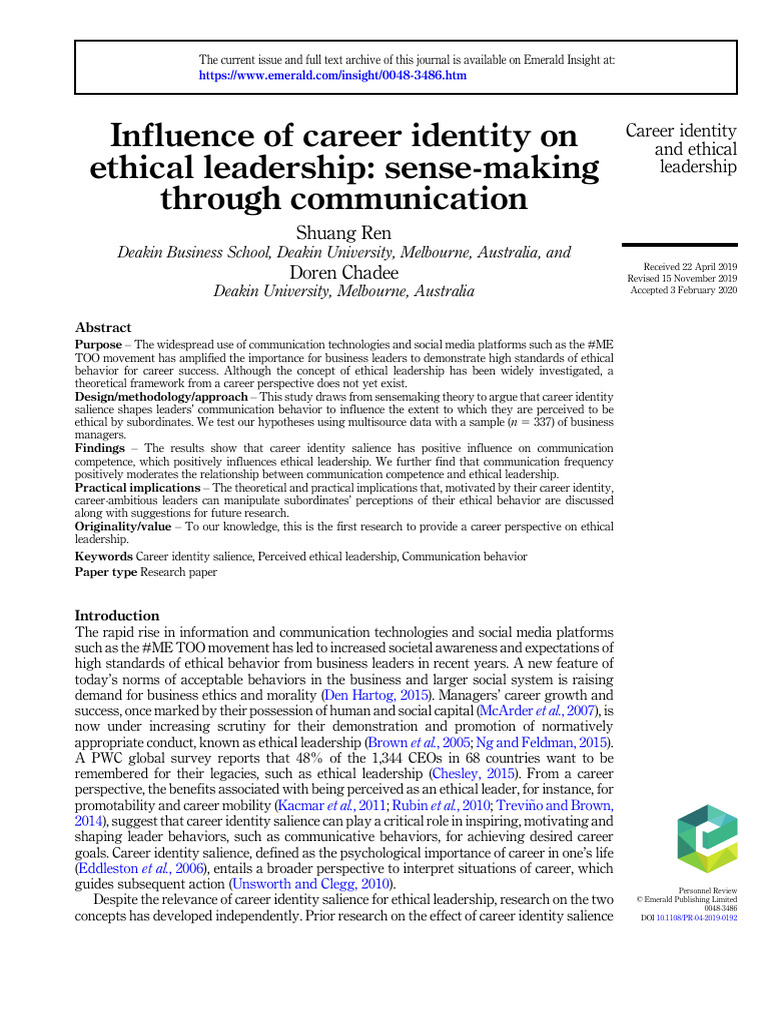 Influence of Career Identity On Ethical Leadership Sense-Making Through ...