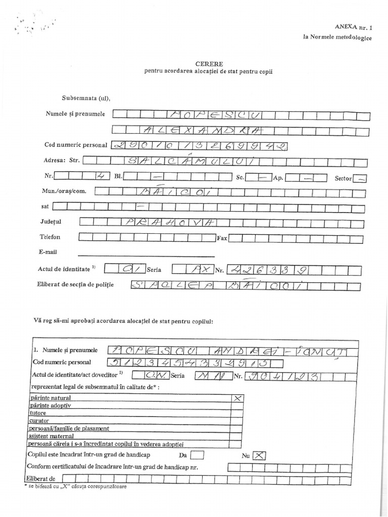 Cerere Pentru Acordarea Alocației de Stat Pentru Copii - Model Completat | PDF