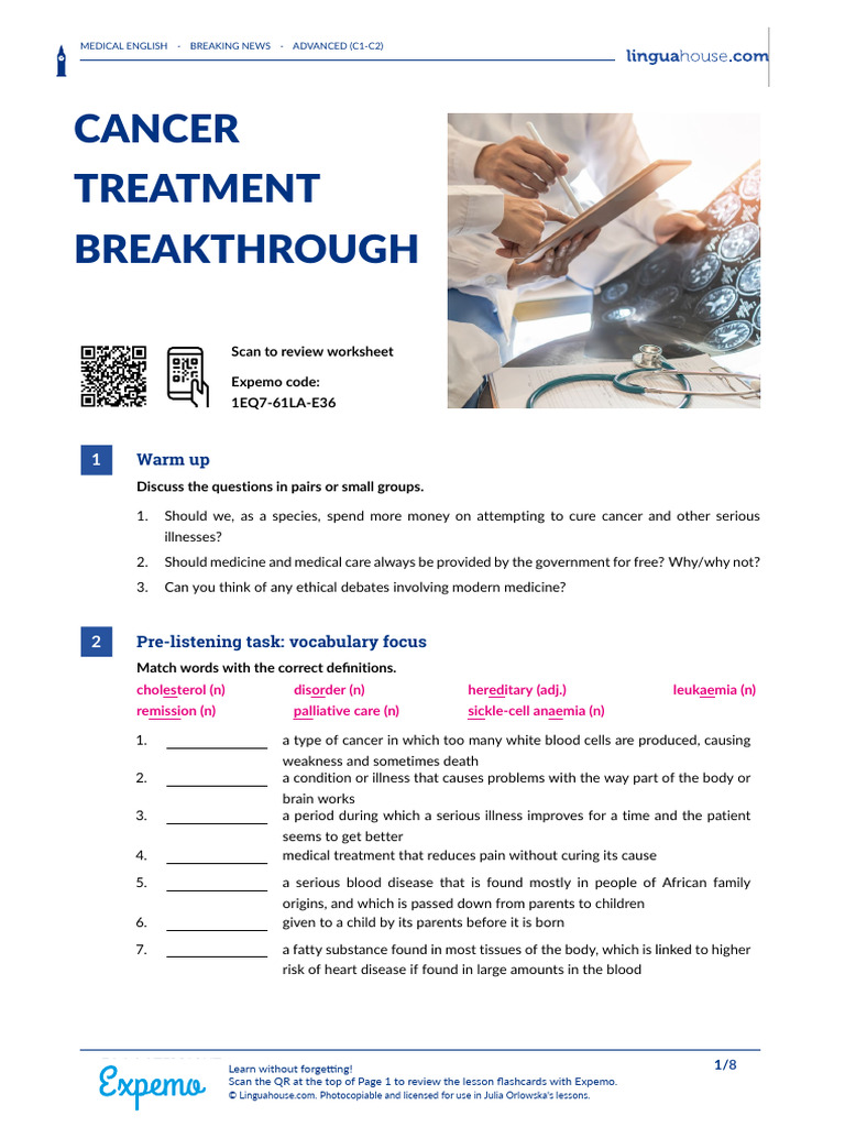 Cancer Treatment Breakthrough British English Teacher C1 C2 | PDF ...
