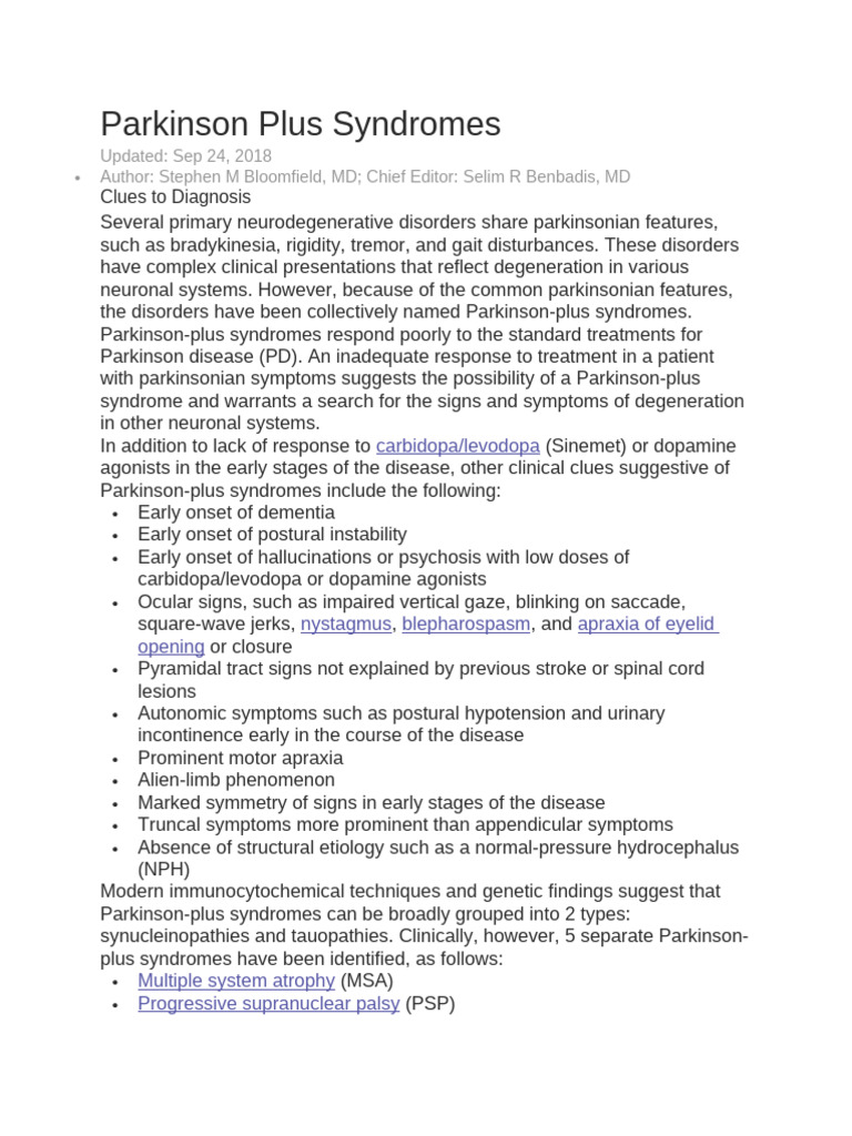Parkinson Plus Syndromes - EMEDICINE | PDF | Parkinson's Disease ...