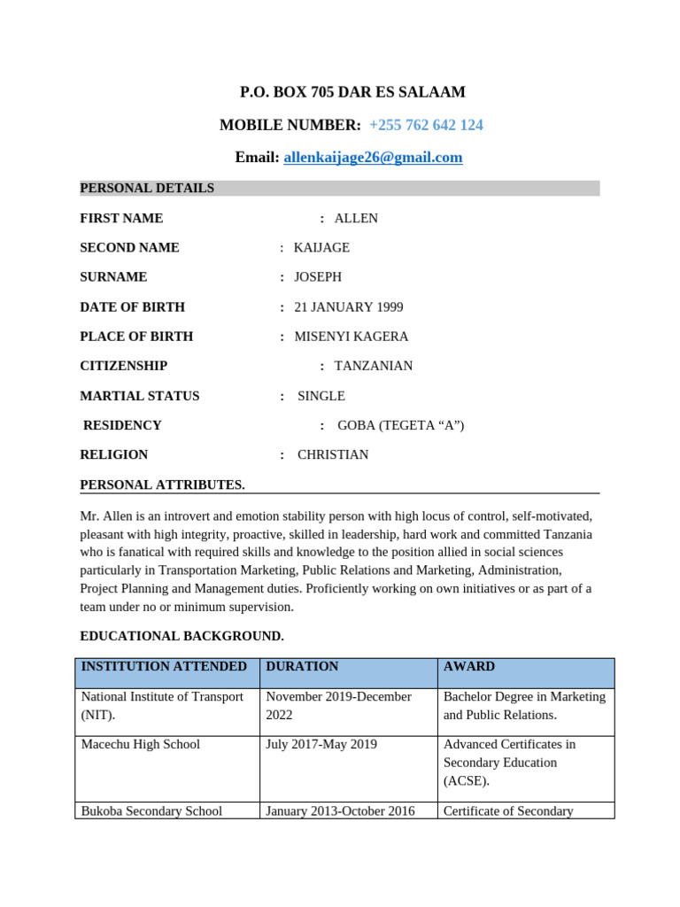 Allen Kaijage Joseph Resume | PDF | Tanzania