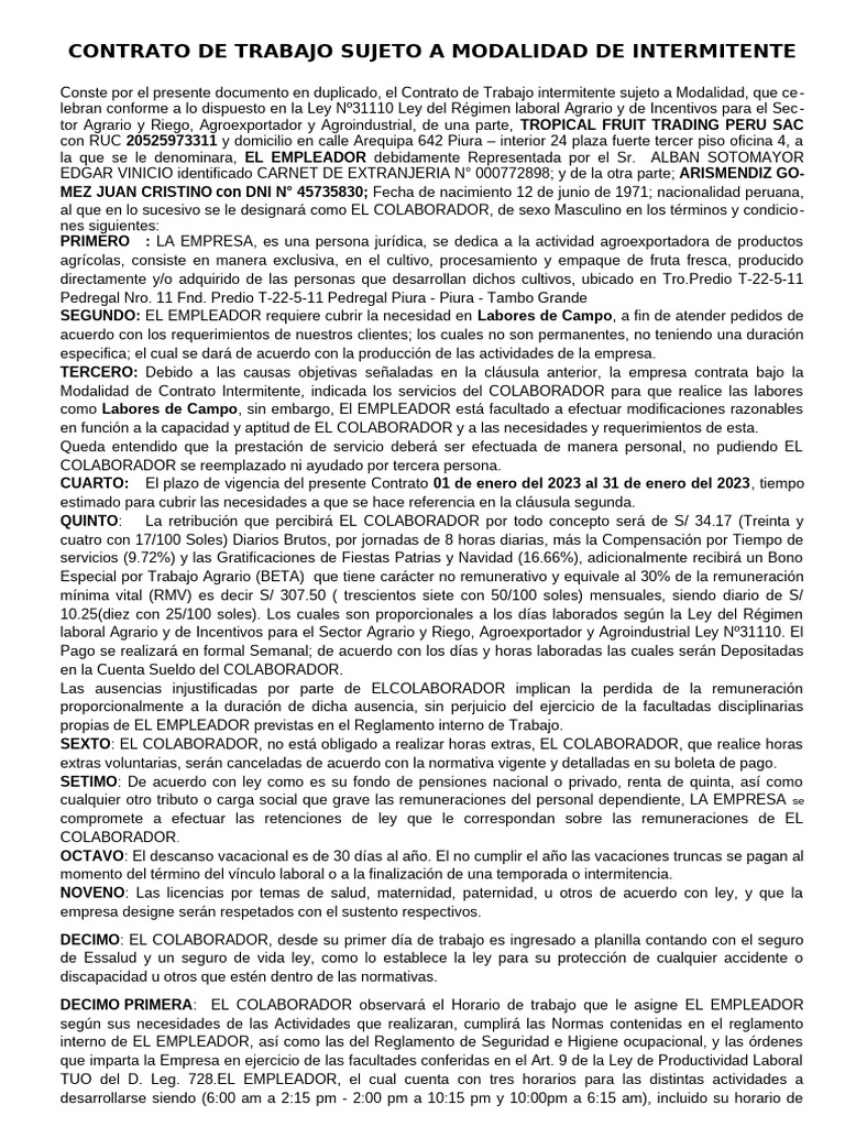 CONTRATOS CAMPOS | PDF | Derecho laboral | Salario