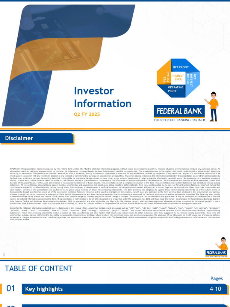 Federal Bank Q2 FY25 Investor Highlights | PDF | Banks | Risk