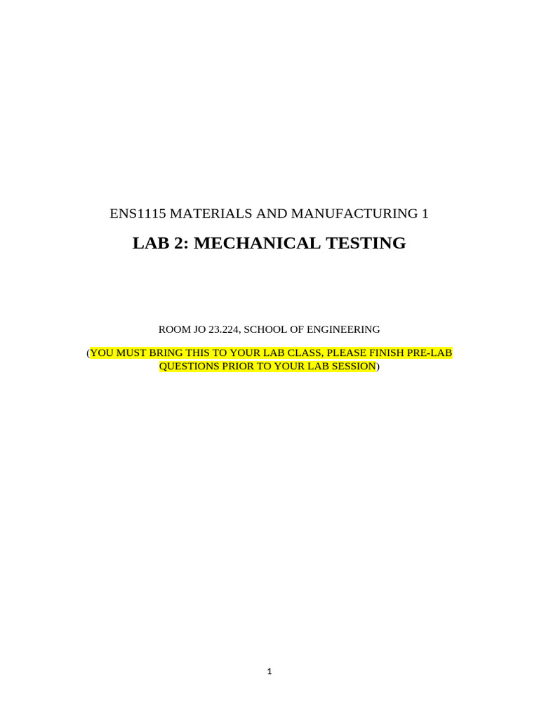 Lab2 - Group 3-EnS1115 Materials and Manufacturing-1 | PDF | Strength Of Materials | Deformation ...