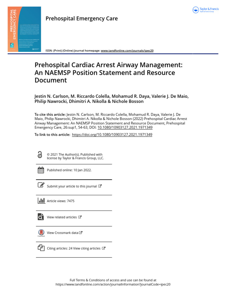 Prehospital Cardiac Arrest Airway Management An NAEMSP Position ...