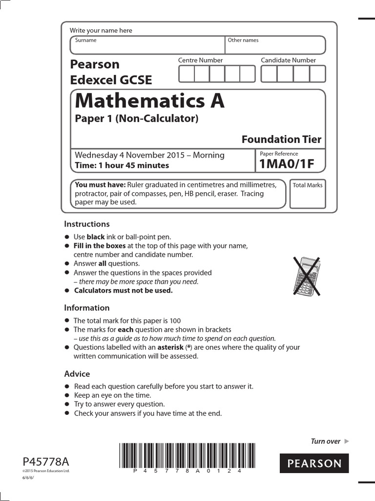 Edexcel GCSE Math Paper 1 Foundation 2015 | PDF | Geometry | Elementary ...